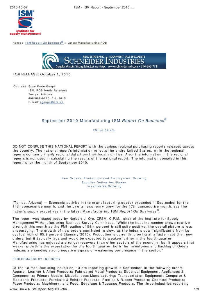 ISM - IsM Report - September 2010 Manufacturing ISM Report On Business ...