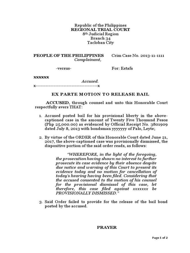 Motion to Release Cash Bail Bond | PDF | Bail | Courts