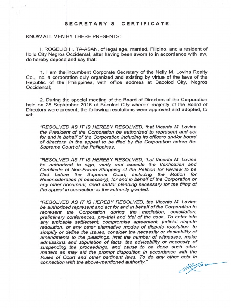 Secretary Certificate Sample | PDF