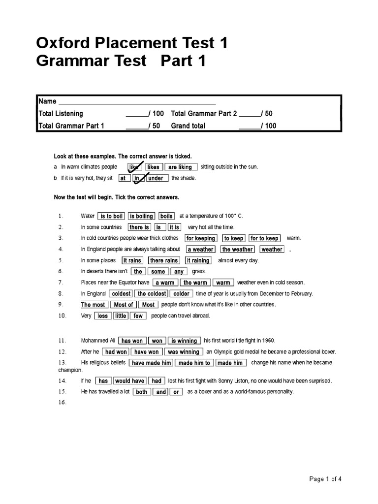 Oxford Placement Test 1 Grammar Test Part 1 | PDF | Flight | Airplane