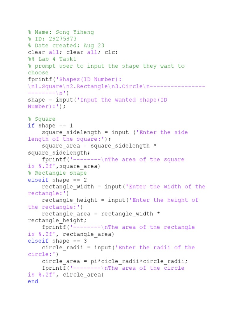 % Name: Song Yiheng % ID: 29275873 % Date Created: Aug 23 %% Lab 4 ...