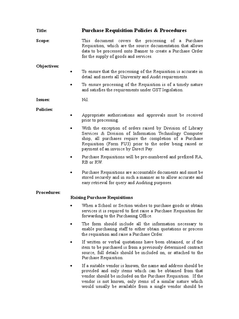 Purchase Requisition Policies & Procedures: Title: Scope | PDF ...