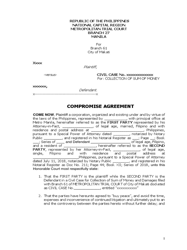Compromise Agreement Template | Download Free PDF | Lawsuit | Notary Public