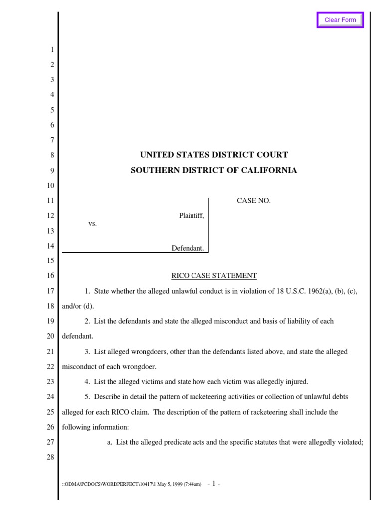 Rico Case Statement Instructions | PDF | Racketeer Influenced And ...
