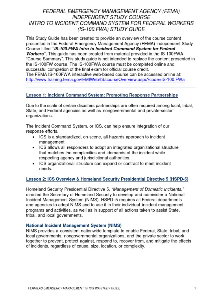IS-100 FWA - Intro To ICS 100 FWA Study Guide PDF | PDF | Incident ...