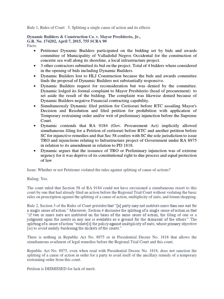 Court Rulings on Cause of Action Splitting | PDF | Complaint | Injunction