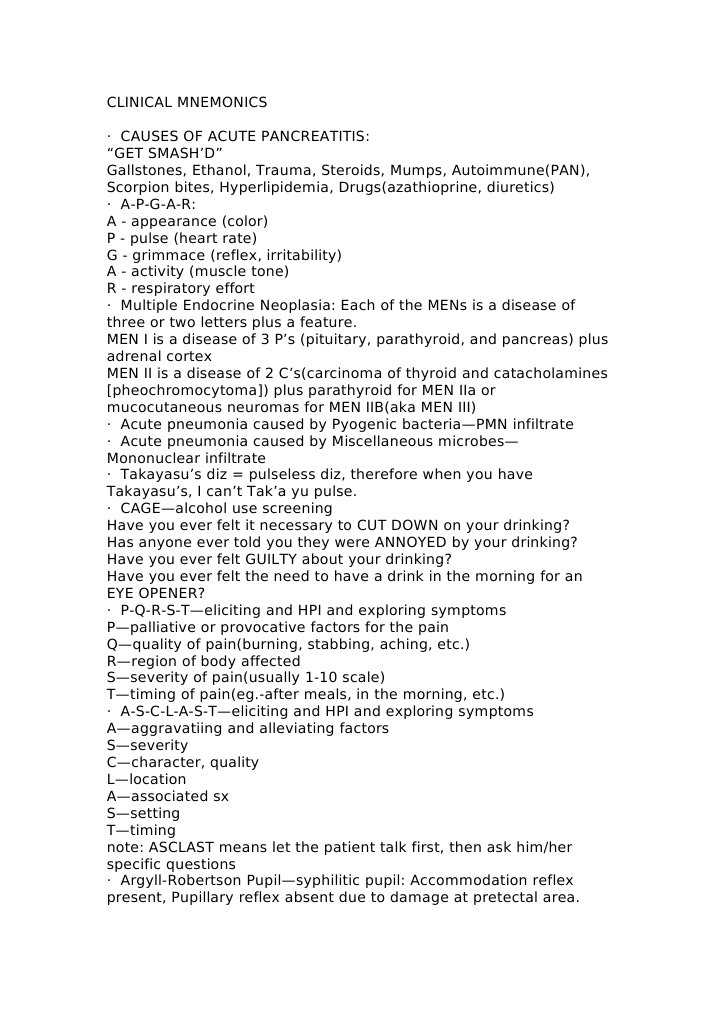 Clinical Mnemonics | PDF | Heart | Pain