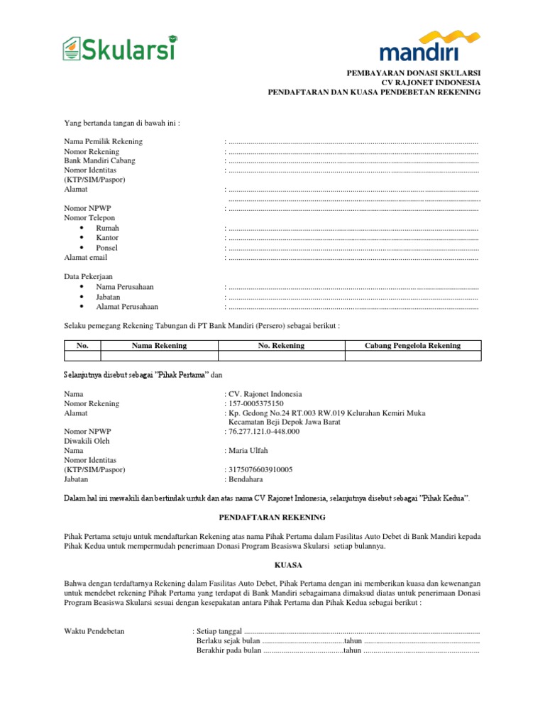 Formulir Auto Debit Mandiri | PDF