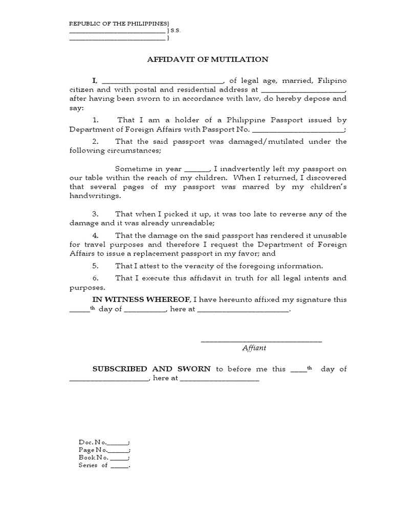 Affidavit of Mutilation I, - , of Legal Age, Married, Filipino | PDF
