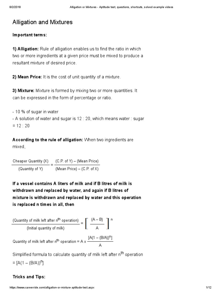 Alligation or Mixtures - Aptitude Test | PDF | Ratio | Teaching Mathematics