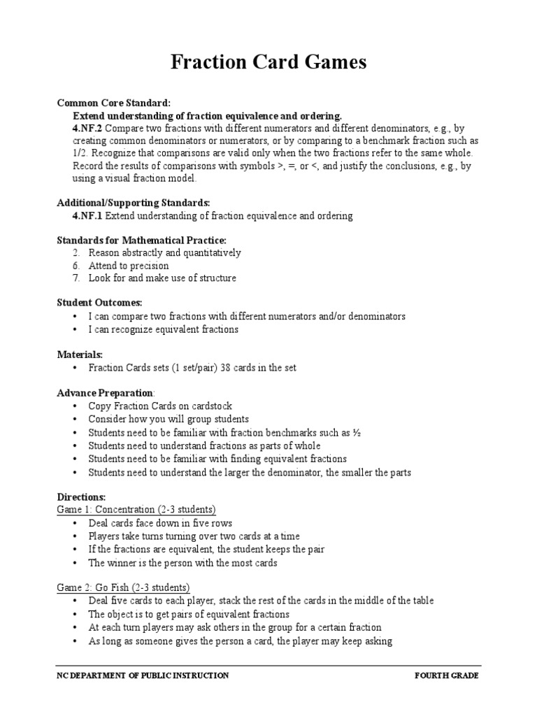 Fraction Card Games | PDF | Fraction (Mathematics) | Behavior Modification