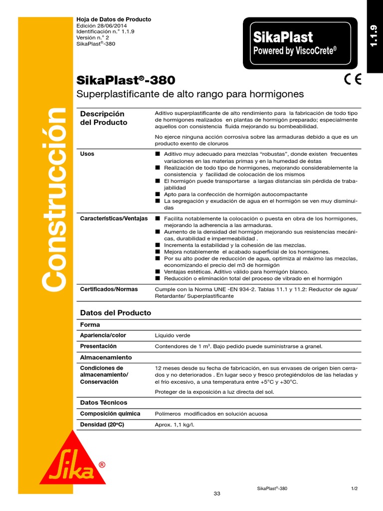 SikaPlast 380 | PDF | Hormigón | Agua