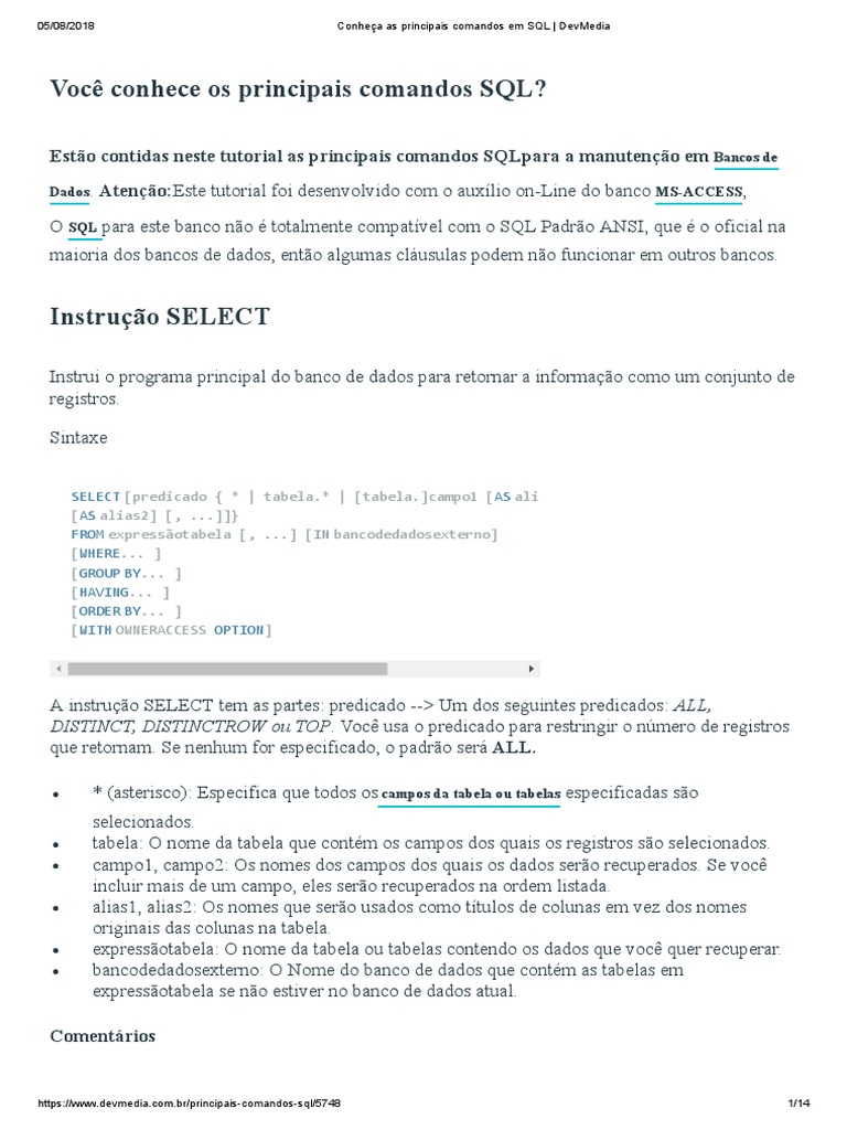 Conheça As Principais Comandos em SQL - DevMedia | PDF | SQL | Tabela ...