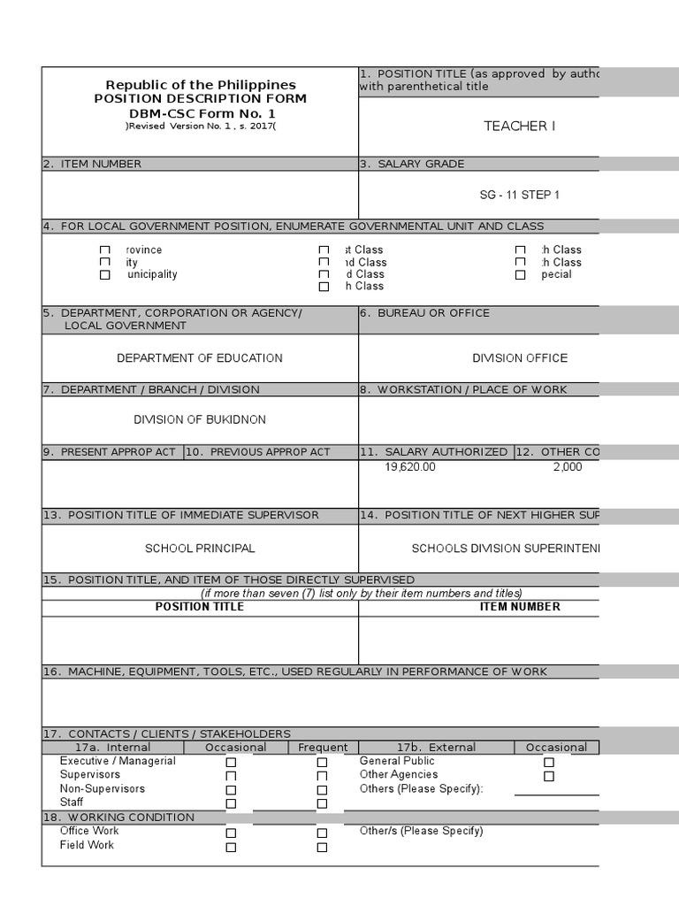 DBM CSC Form No. 1 Position Description Forms TEACHER I | PDF | Lesson ...