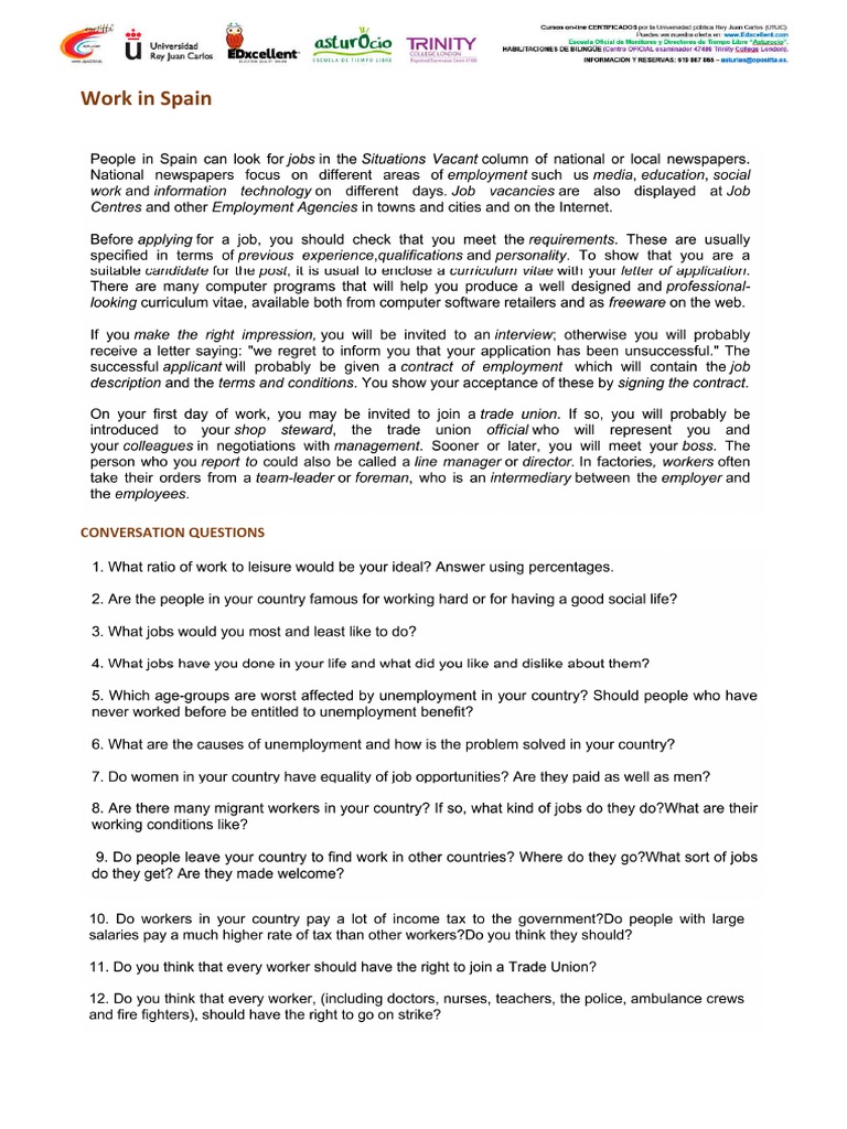 Work in Spain: Conversation Questions | PDF