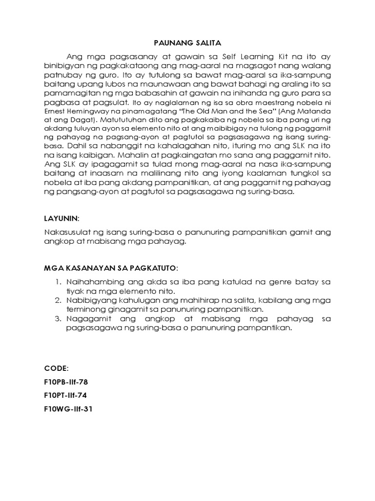 SLK Ang Matanda at Ang Dagat | PDF