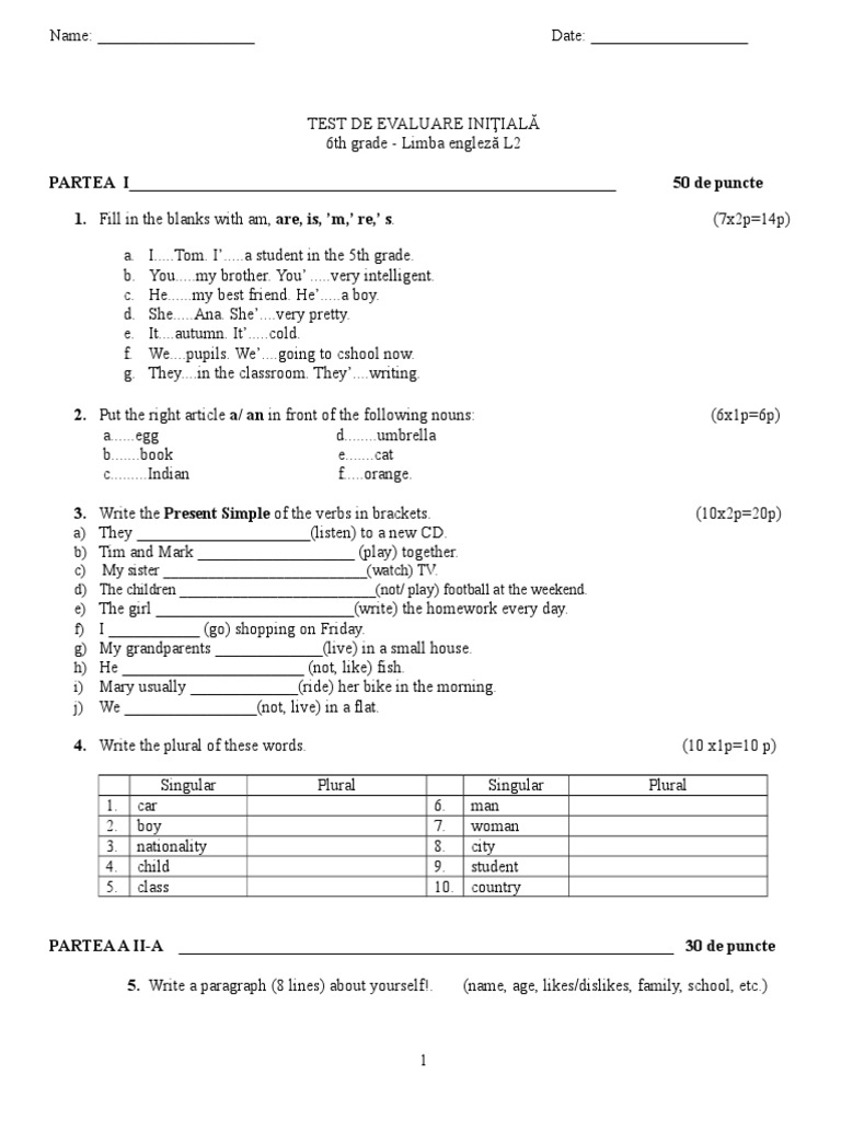 Test Initial Engleza Clasa A 6 A L2 | PDF | Grammatical Number | Plural