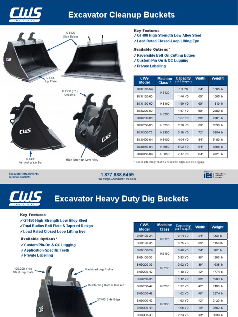 Excavator Attachment Specifications: CWS Cleanup and Dig Buckets | PDF ...