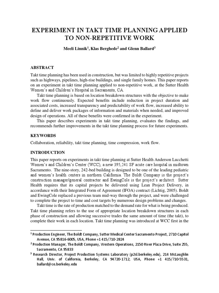 Experiment in Takt Time Planning Applied To Non-Repetitive Work | PDF ...