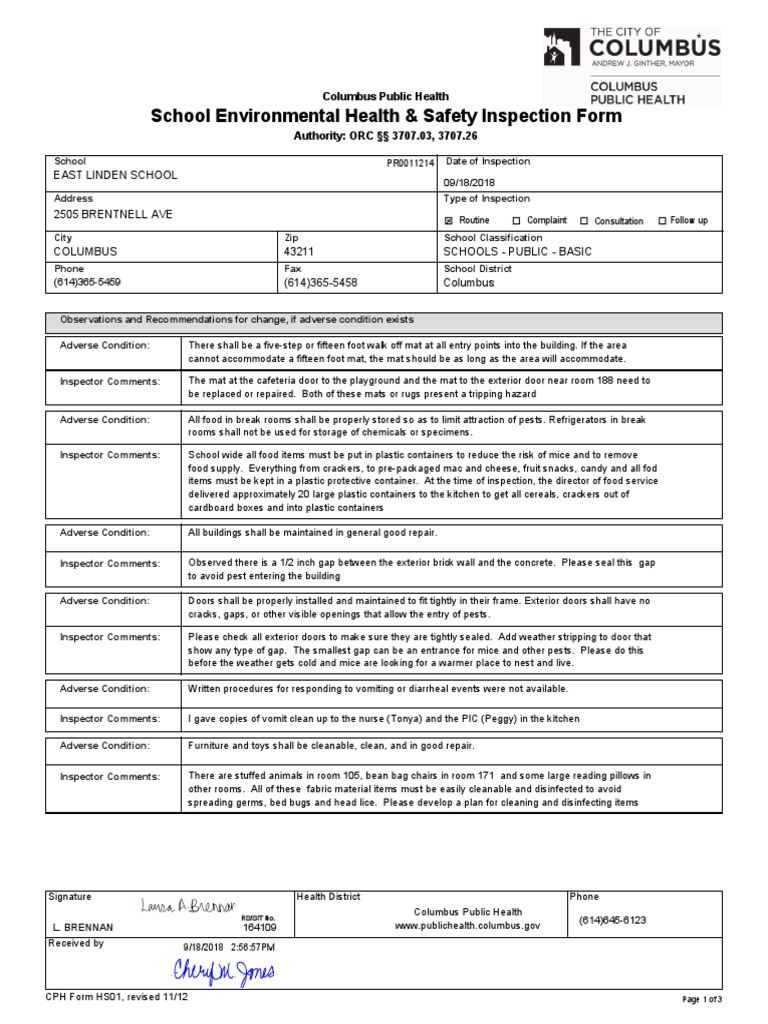 School Environmental Health & Safety Inspection Form | PDF | Influenza ...
