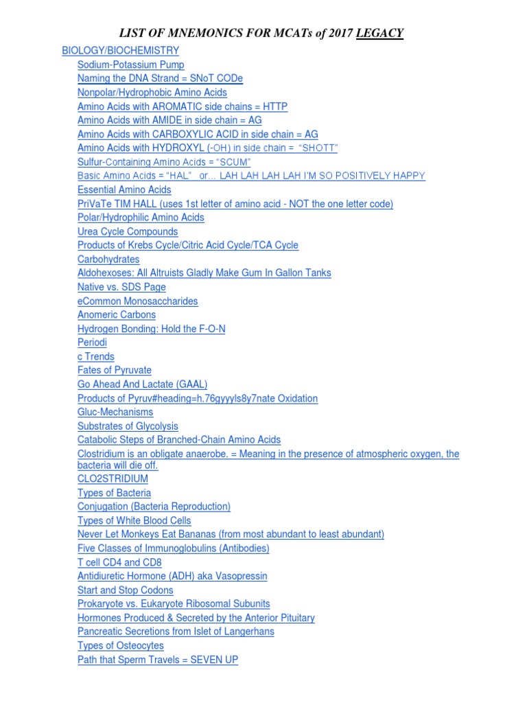 Mcat Mnemonics 2017 | Download Free PDF | Pyruvic Acid | Citric Acid Cycle