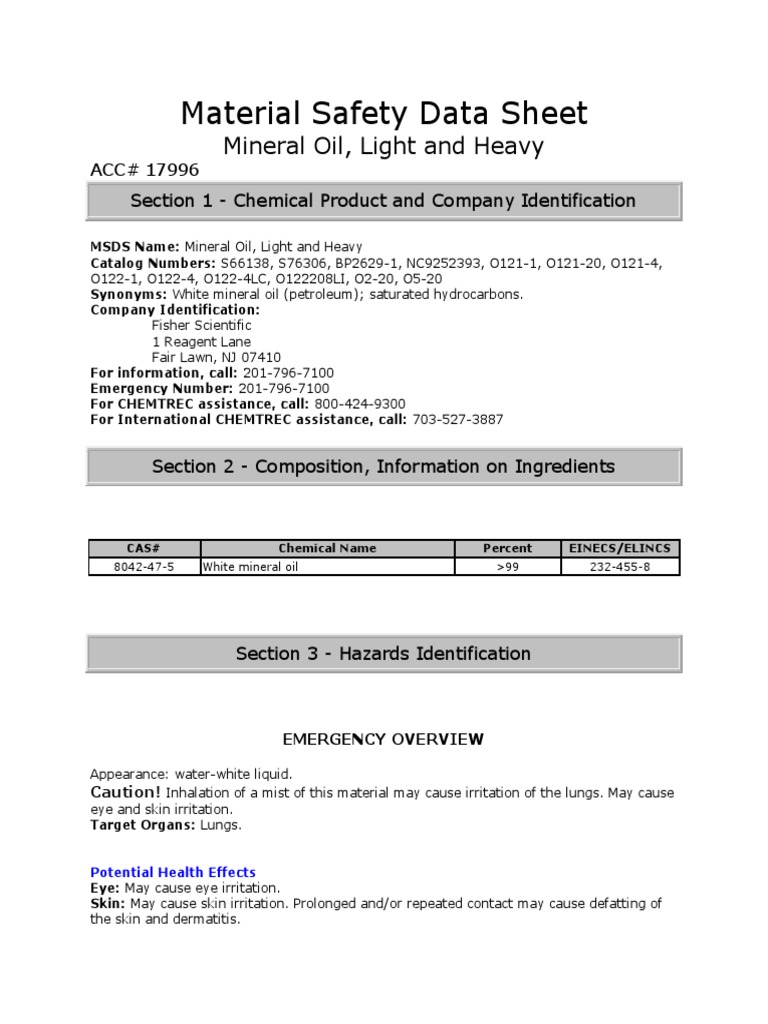 Material Safety Data Sheet: Mineral Oil, Light and Heavy | Download ...
