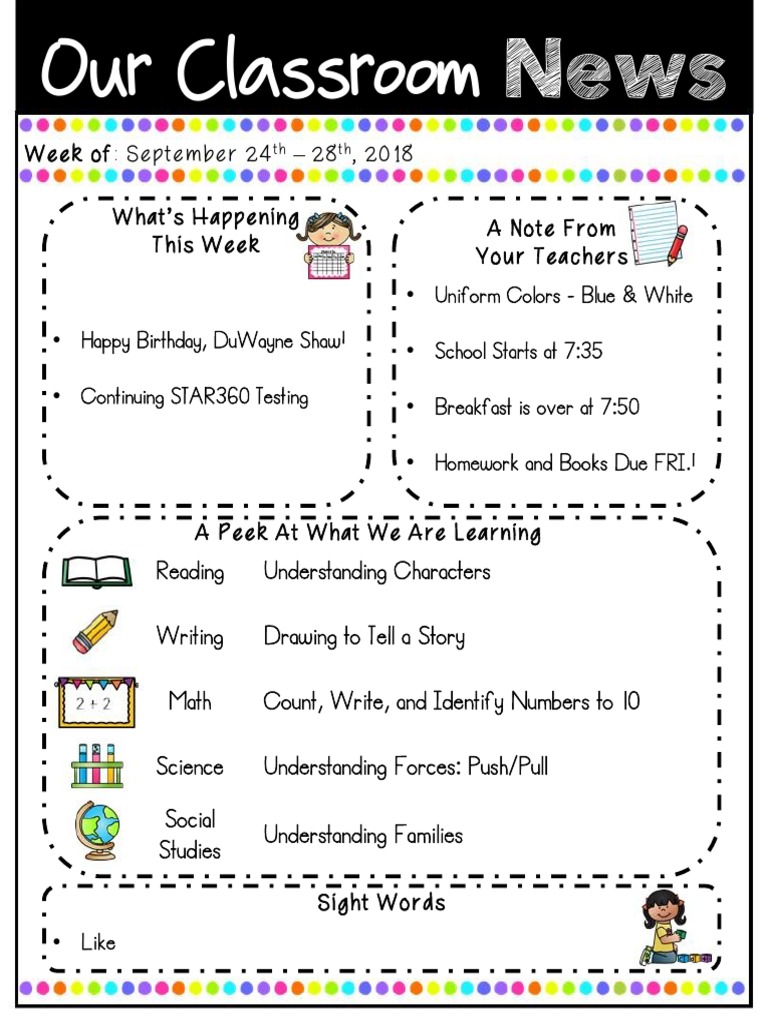 Weekly Classroom Newsletter: Sept 24-28 | PDF | Self-Improvement