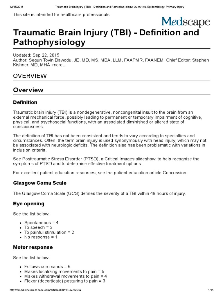 TBI Overview: Definition and Pathophysiology | PDF | Traumatic Brain ...