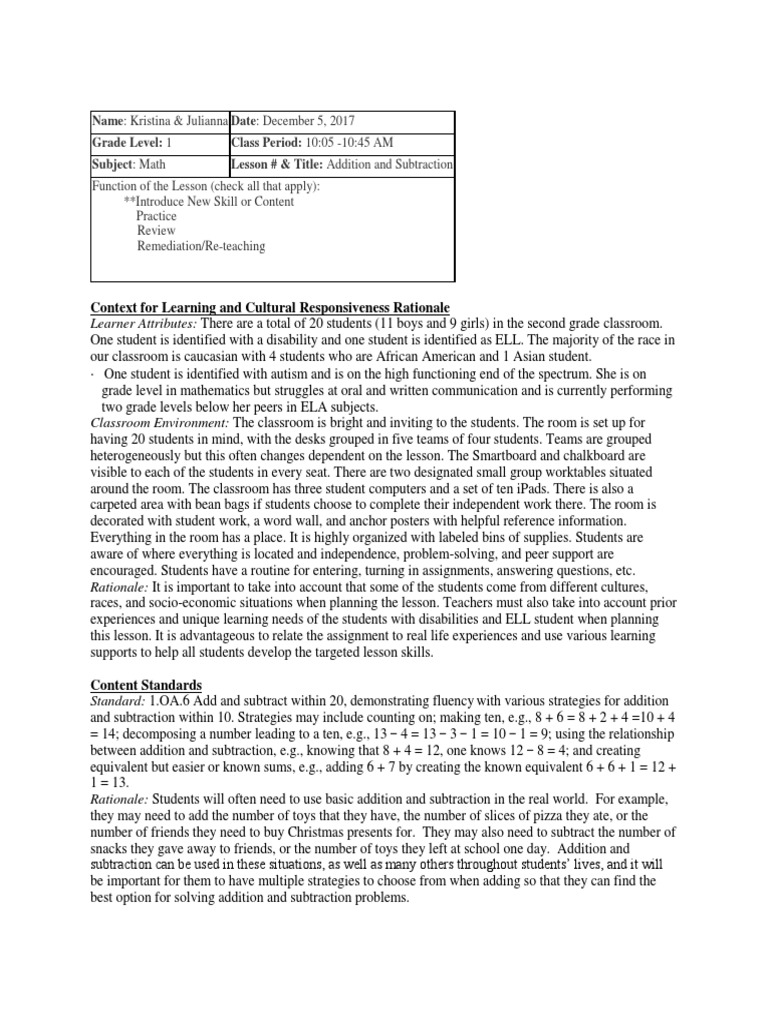 Grade 1 Addition and Subtraction Lesson Plan | PDF | Classroom | Teachers