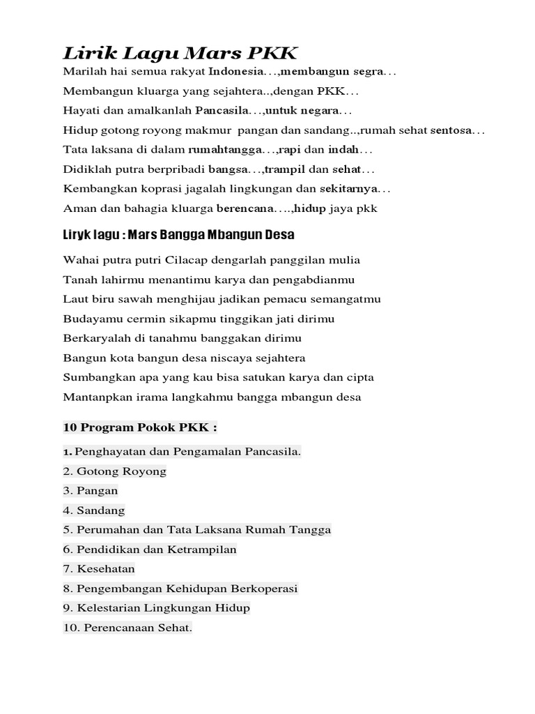 Lirik Lagu Mars PKK | PDF | Kajian Bahasa Asing
