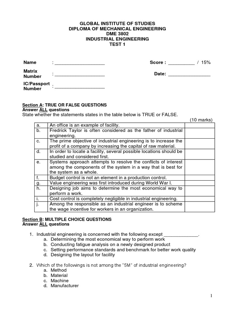 Test 1 - Industrial Engineering | PDF | Industrial Engineering | System