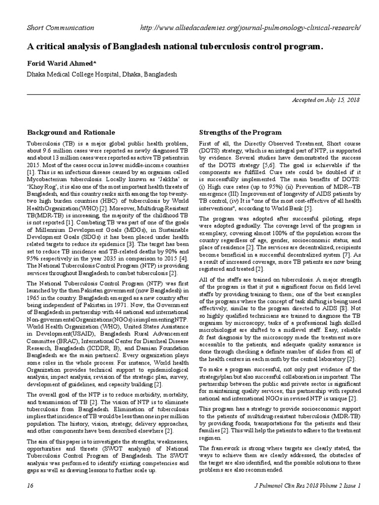 A Critical Analysis of Bangladesh National Tuberculosis Control Program ...