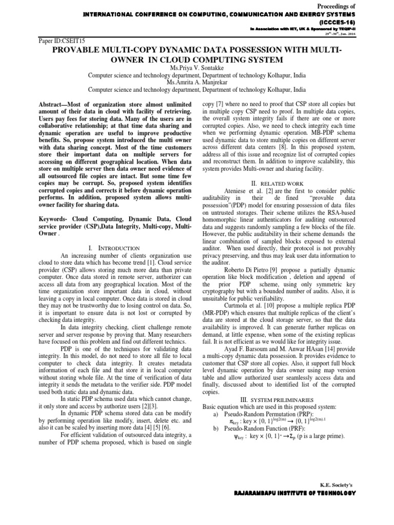 Provable Multi-Copy Dynamic Data Possession With Multiowner in Cloud Computing System | PDF ...