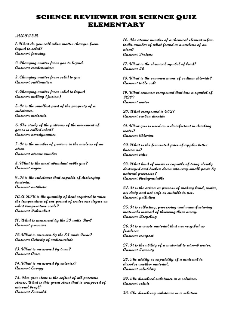 Elementary Science Quiz Reviewer | PDF | Neuron | Blood