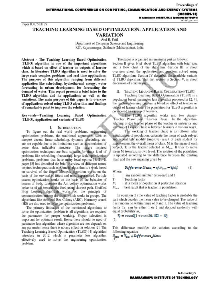 Teaching Learning Based Optimization: Application and Variation ...