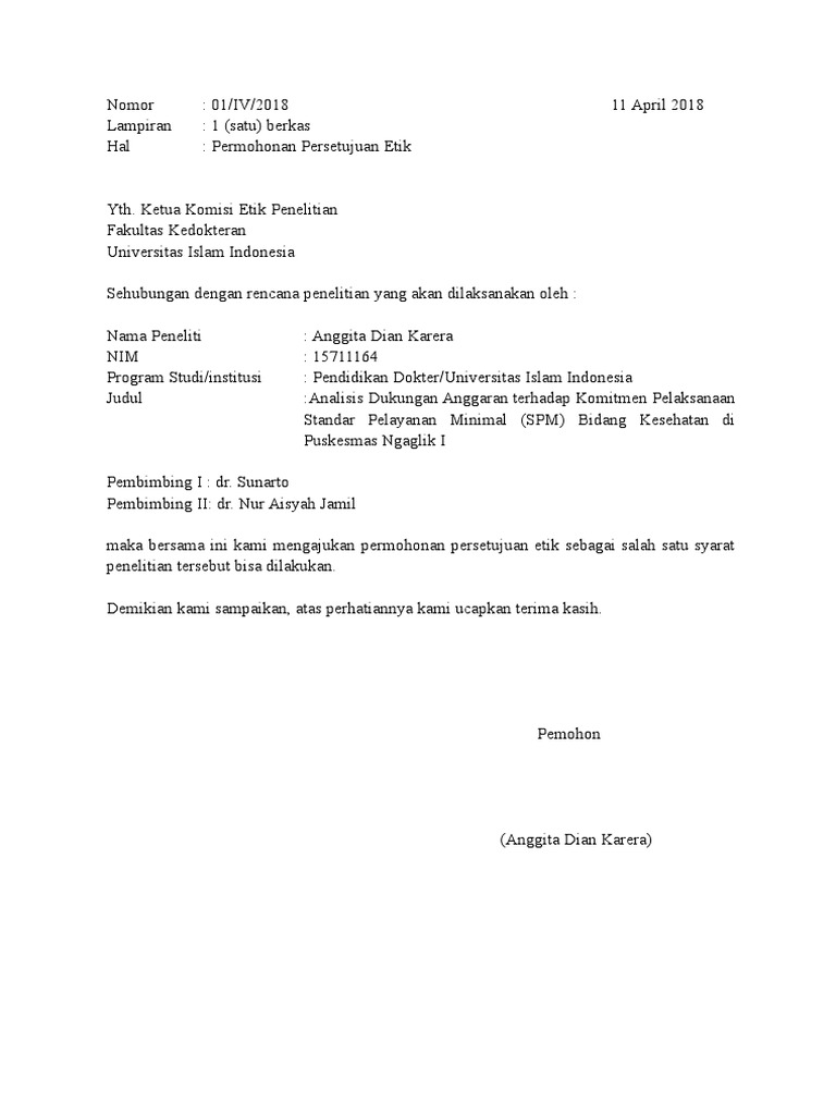 Contoh Surat Pengantar Pengajuan Etik | PDF