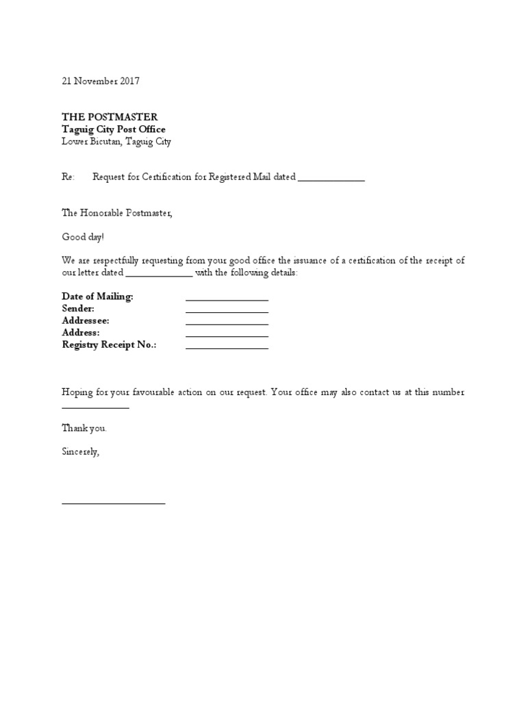 Registered Mail Certification Request | PDF