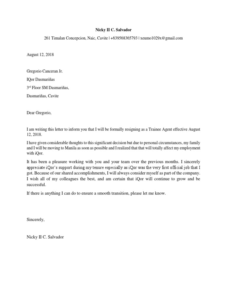 Resignation Letter from Trainee Agent Nicky Salvador to IQor Dasmariñas ...