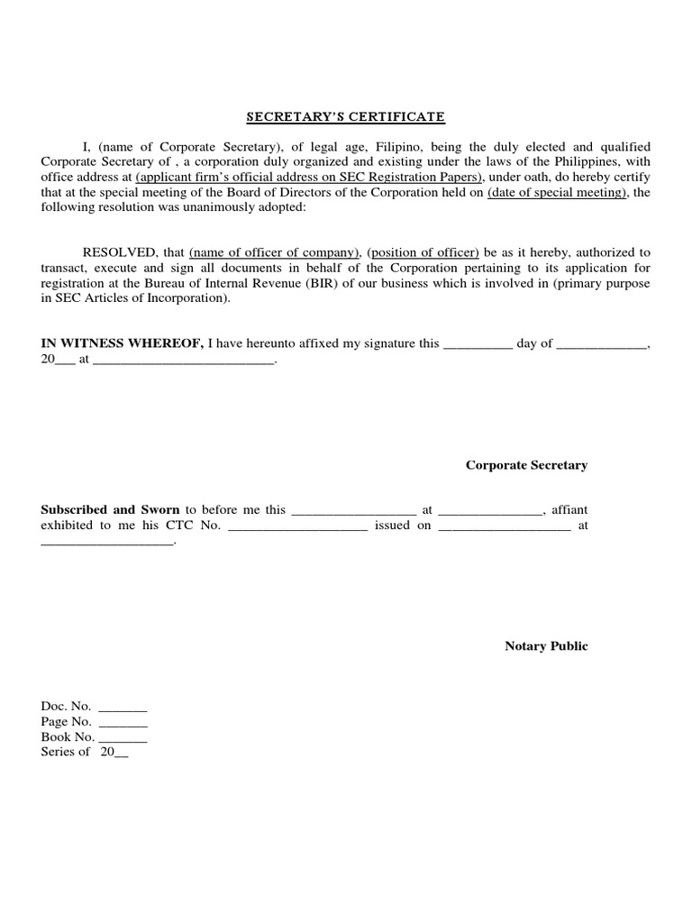 Secretarys Certificate BIR Registration Application | PDF