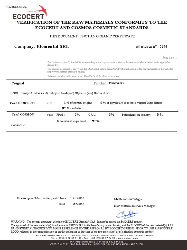 Cosgard Ecocert Approved PDF | PDF | Chemistry | Chemical Substances