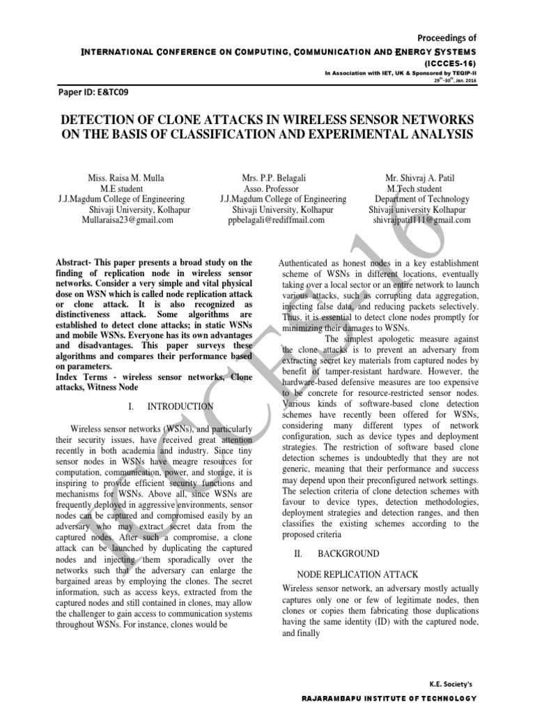 Detection of Clone Attacks in Wireless Sensor Networks On The Basis of Classification and ...