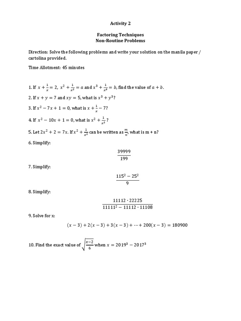 Activity 2 Non-Routine Factoring Techniques | PDF