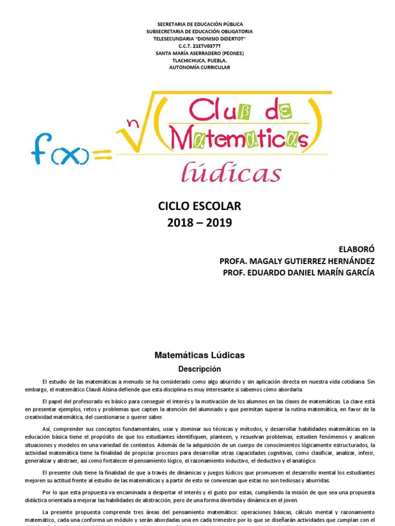 Club de Matemáticas Lúdicas en Secundaria | PDF | Educación primaria ...