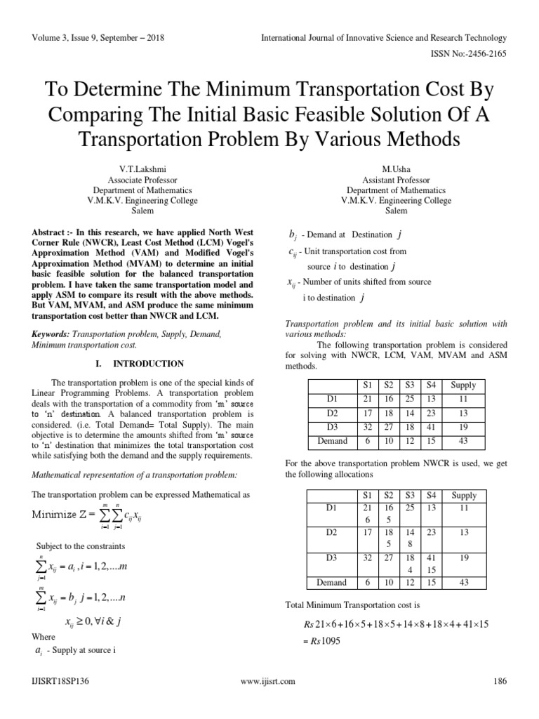 To Determine The Minimum Transportation Cost by Comparing The Initial Basic Feasible Solution of ...