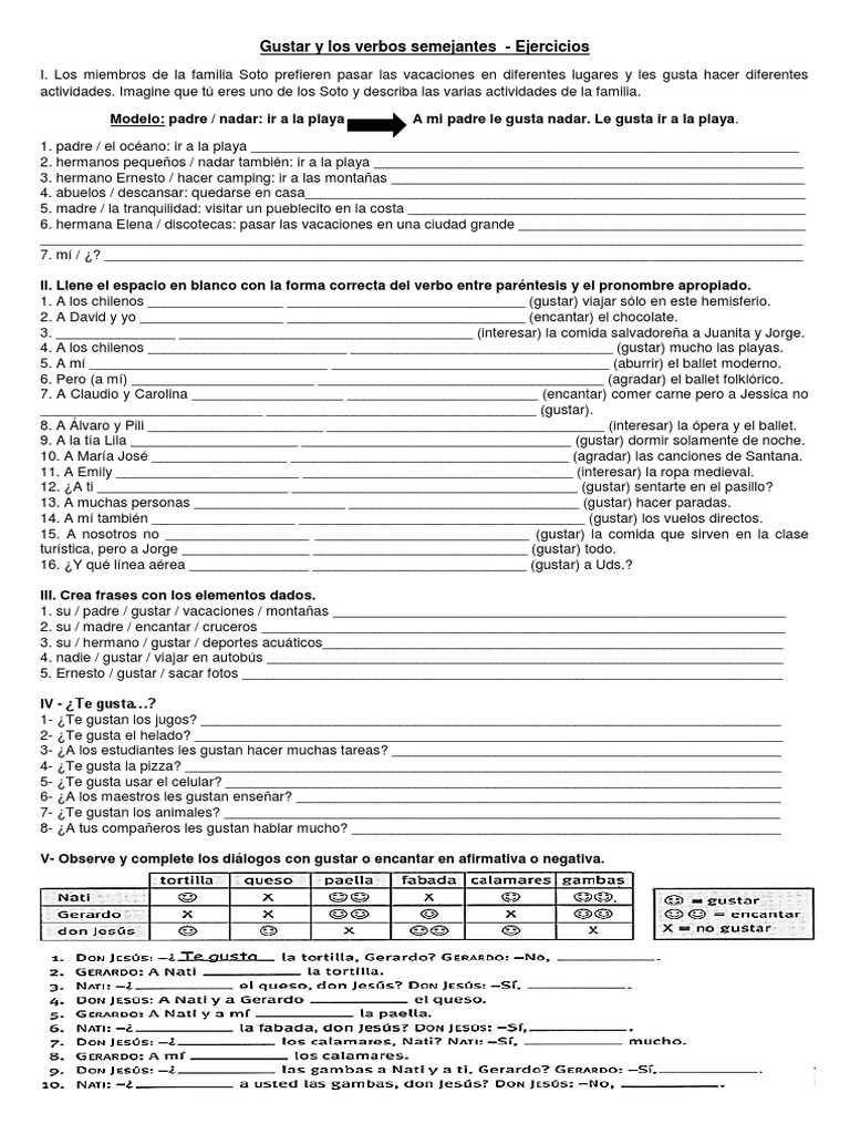 Ejercicios de Verbos Gustar y Similares | PDF | Ocio