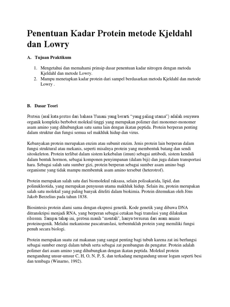 Penentuan Kadar Protein Metode Kjeldahl Dan Lowry | PDF