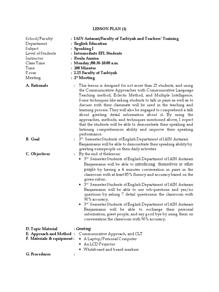 Intermediate EFL Speaking Lesson Plan | PDF | Lesson Plan | Cognitive ...