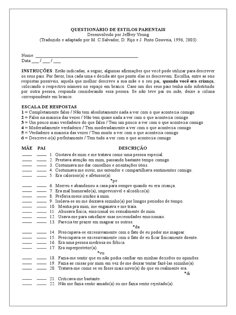 Questionário de Estilos Parentais Young | PDF