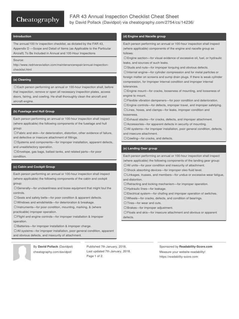 FAR 43 Annual Inspection Checklist Cheat Sheet: by Via | Download Free ...