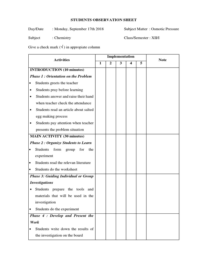 STUDENT OBSERVATION SHEET PBL | PDF